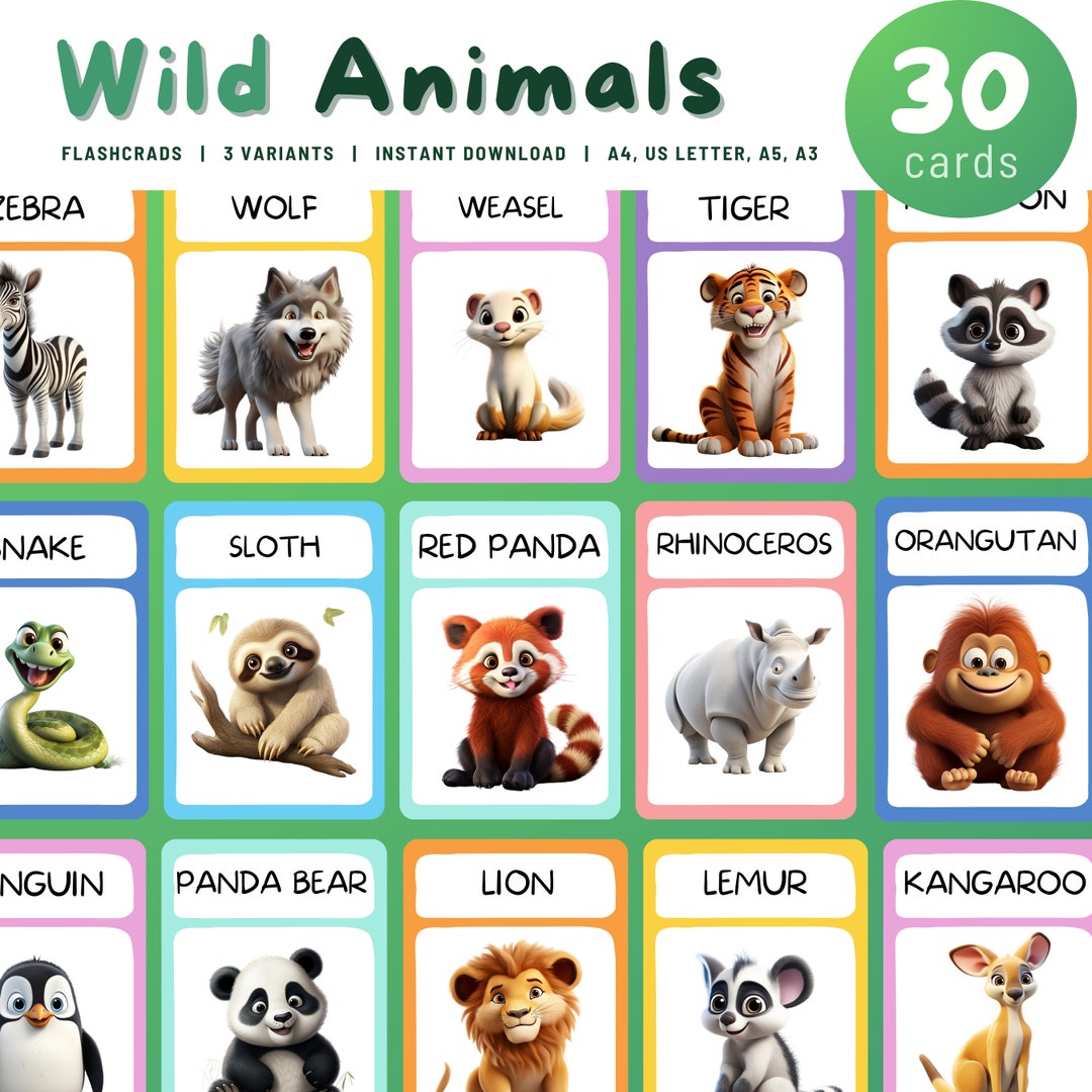 Printable Wild Animals Flashcards, 30 Montessori Cards, Animals Flash ...