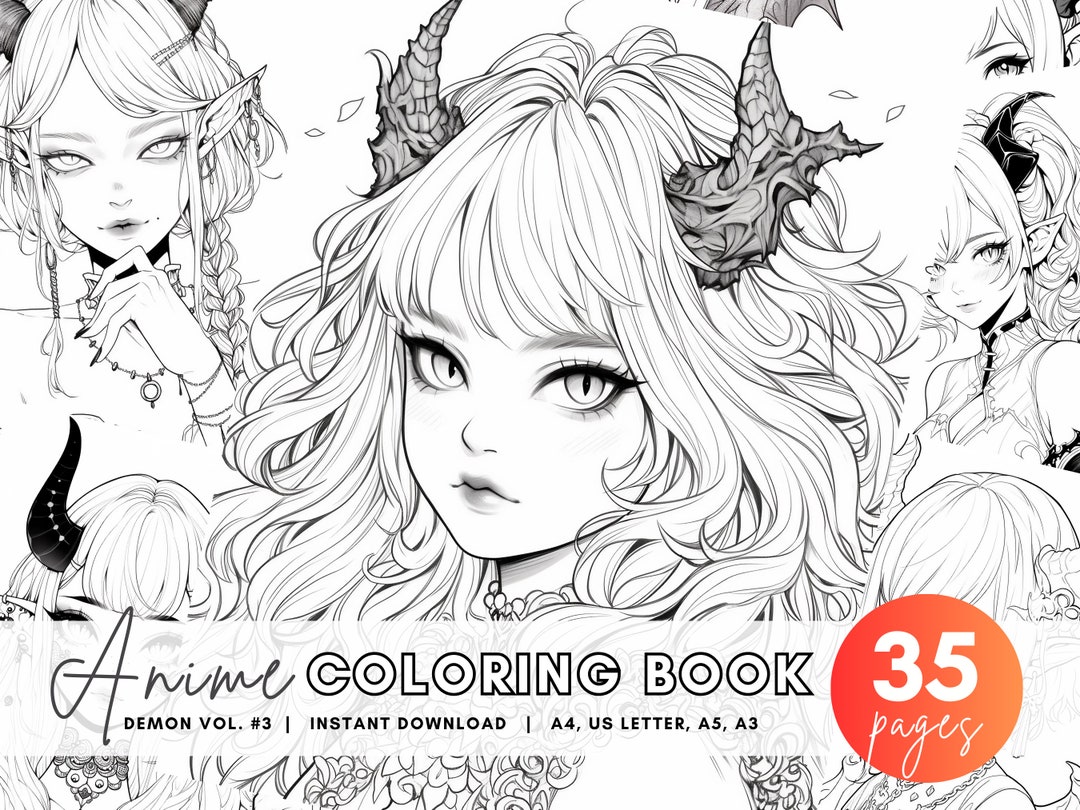 Demon Anime Girls Coloring Book Vol #3, 35 Anime Coloring Pages Oni ...