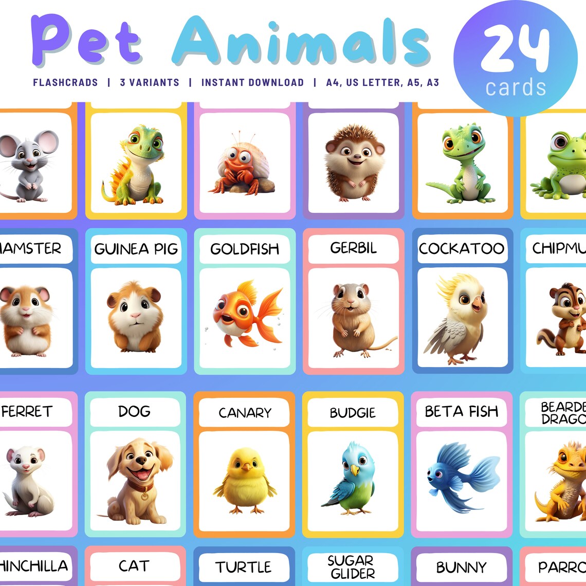 Printable Pet Animals Flashcards, 24 Montessori Cards Animals Flash ...