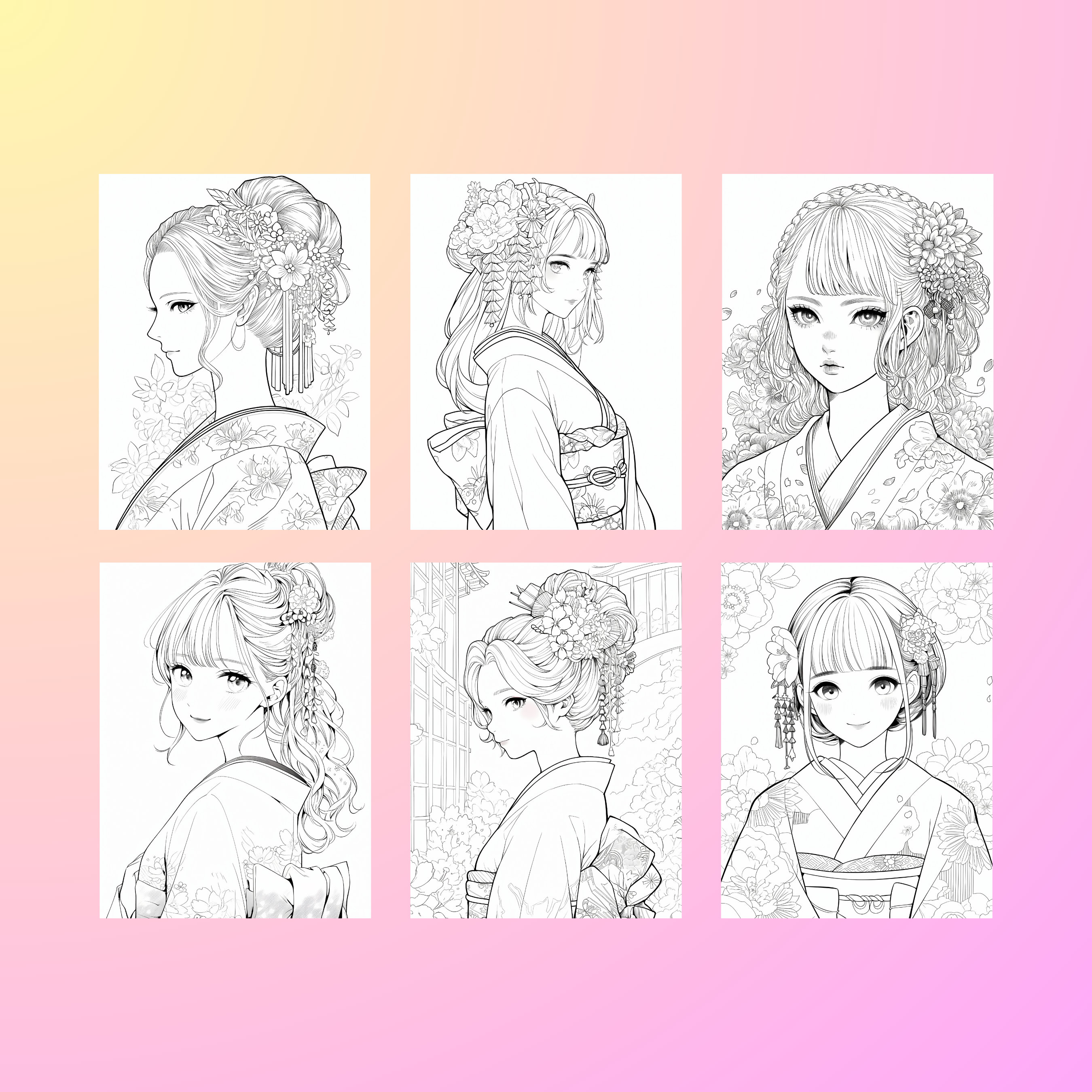 Kimono Girls Anime Coloring Book Vol 2, 32 Anime Coloring Pages Adult ...