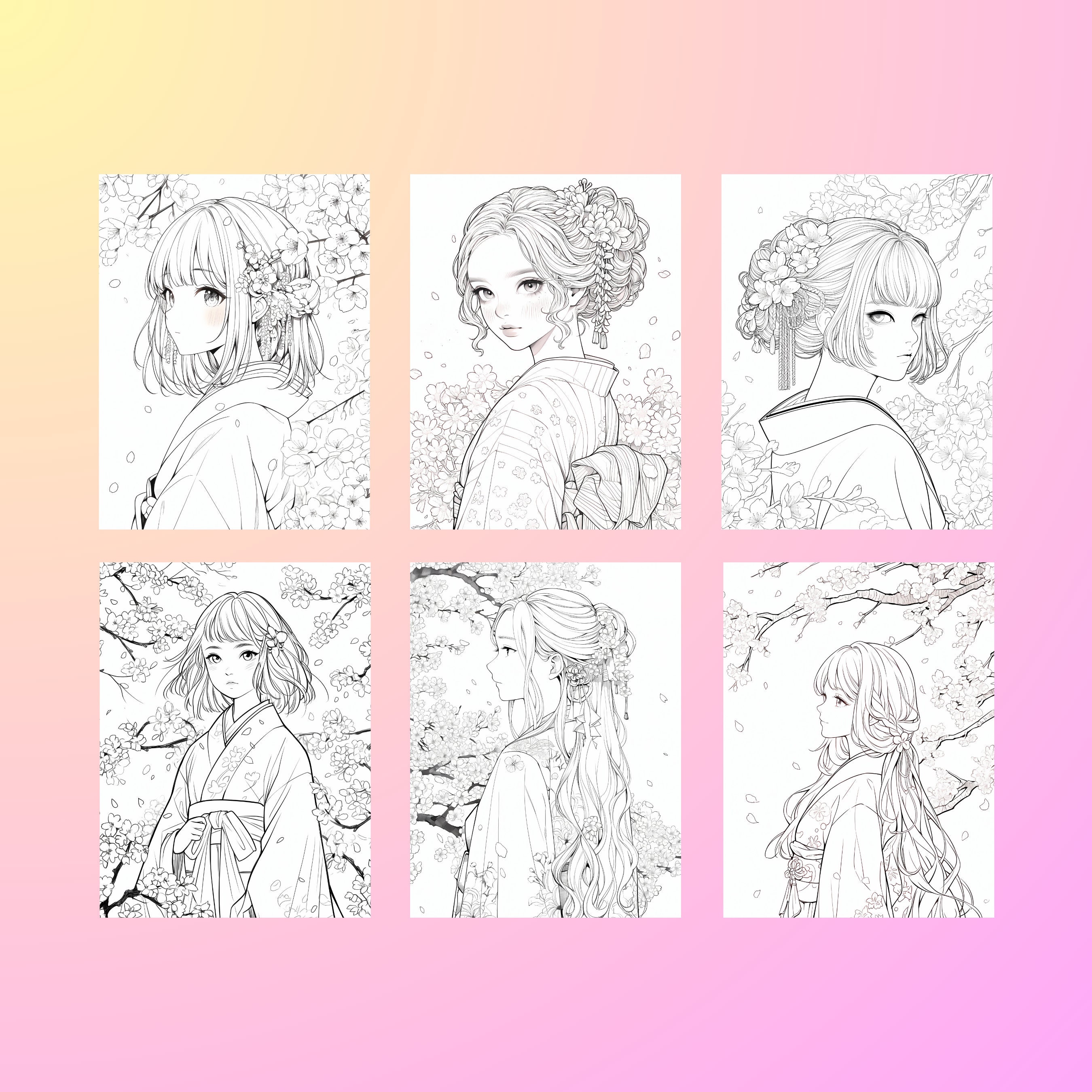 Kimono Girls Anime Coloring Book Vol 2, 32 Anime Coloring Pages Adult ...