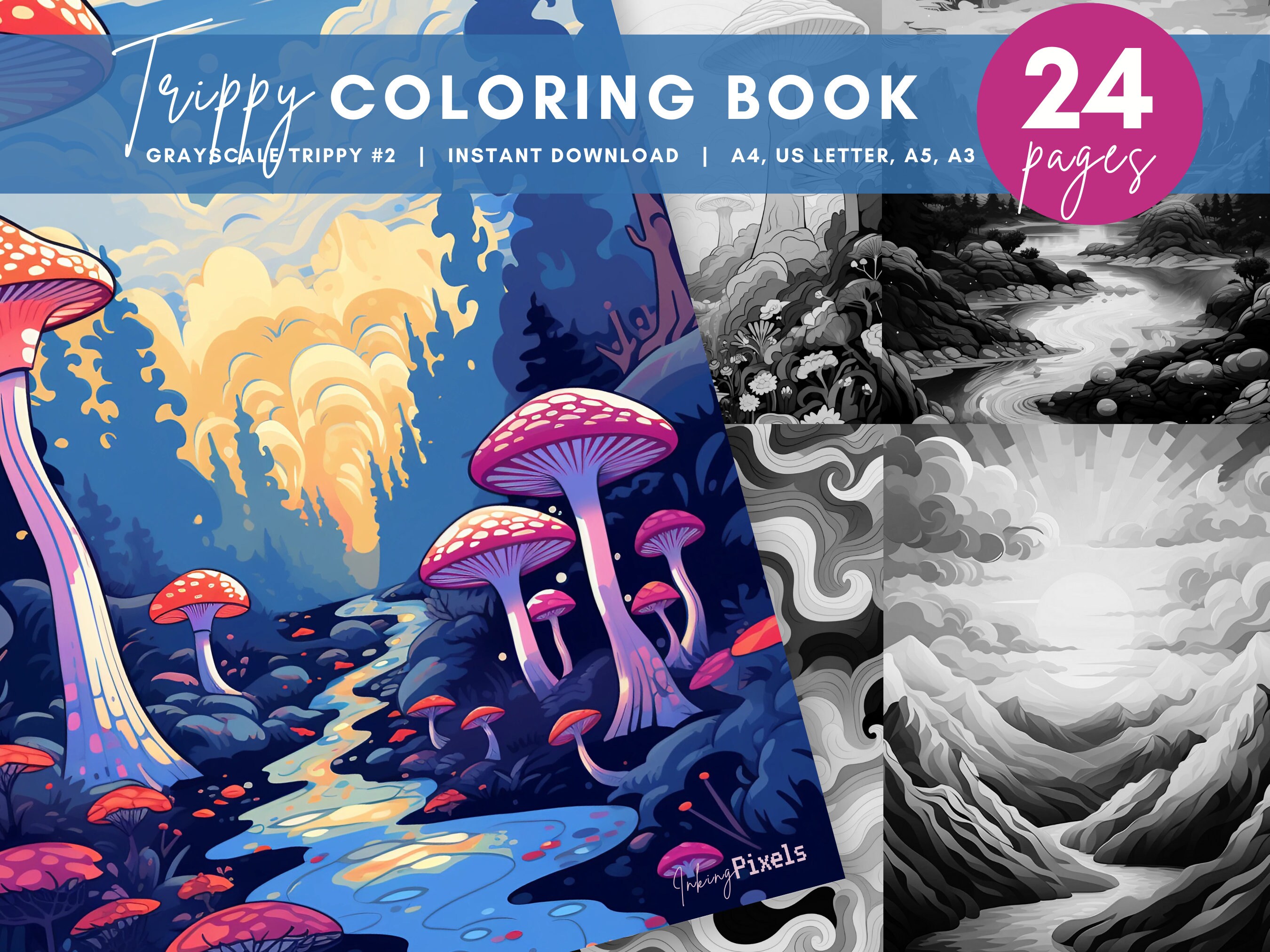 Grayscale Trippy Coloring Book Vol. 2 24 Trippy Coloring - Etsy