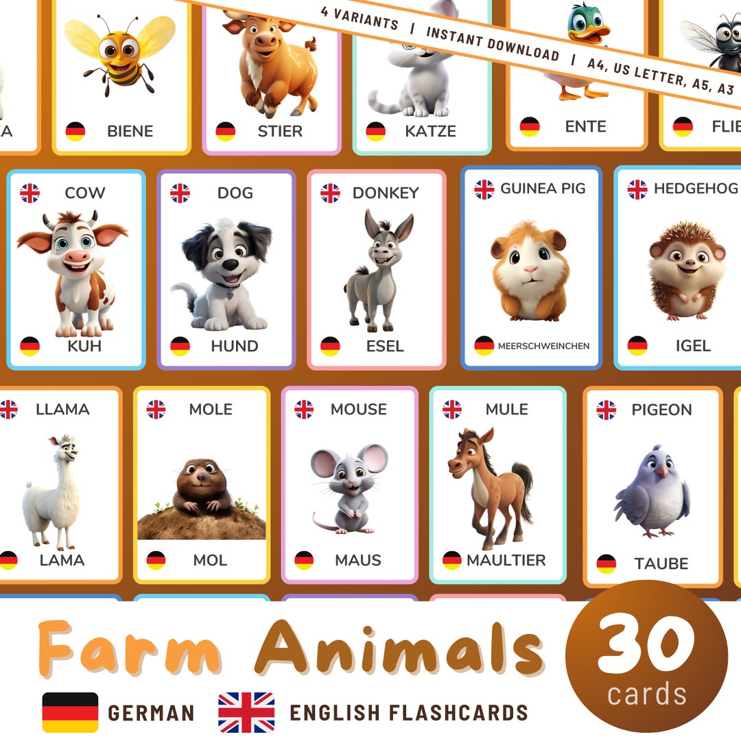 Printable Farm Animals German-english Flashcards, 30 Bilingual ...