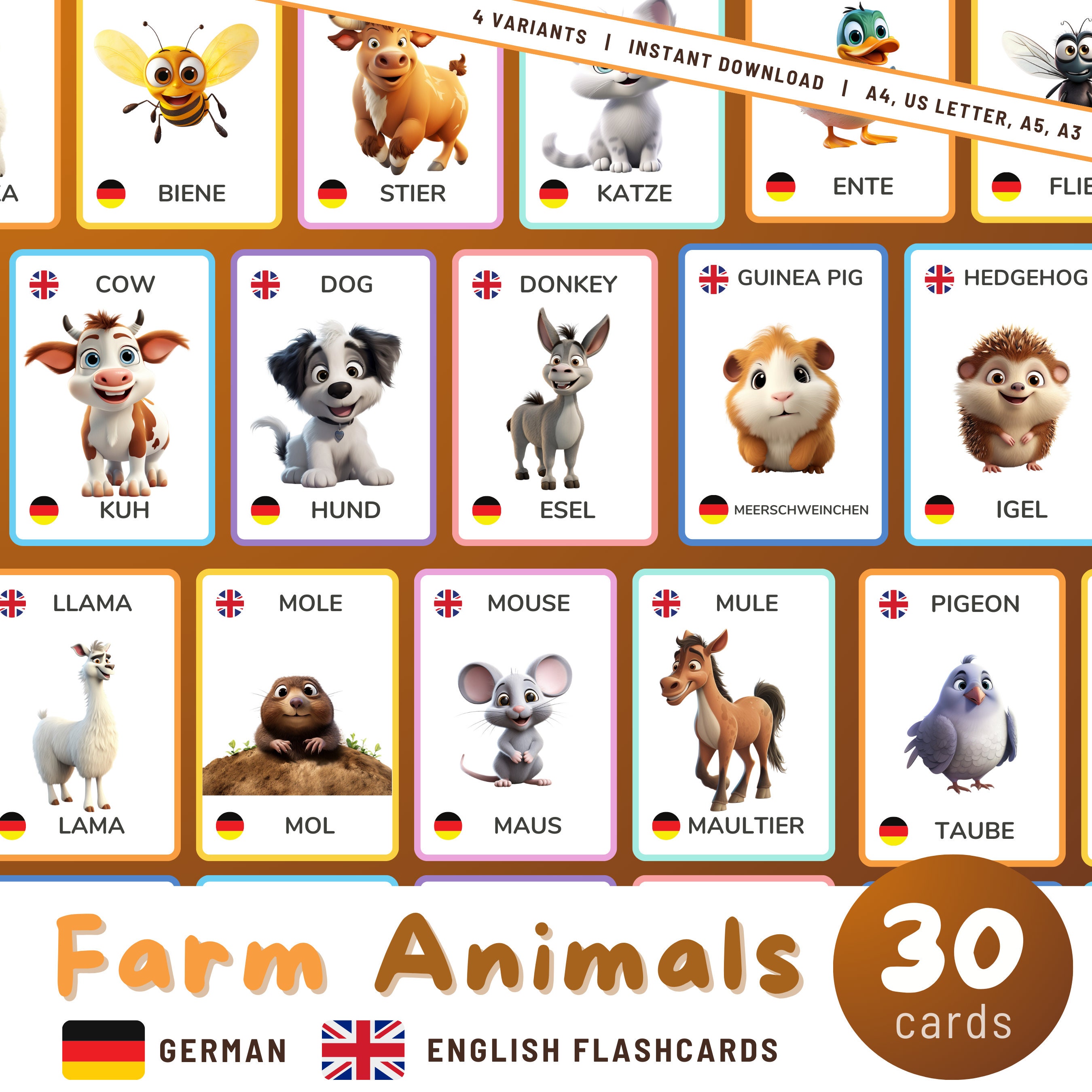 Printable Farm Animals German-english Flashcards, 30 Bilingual ...