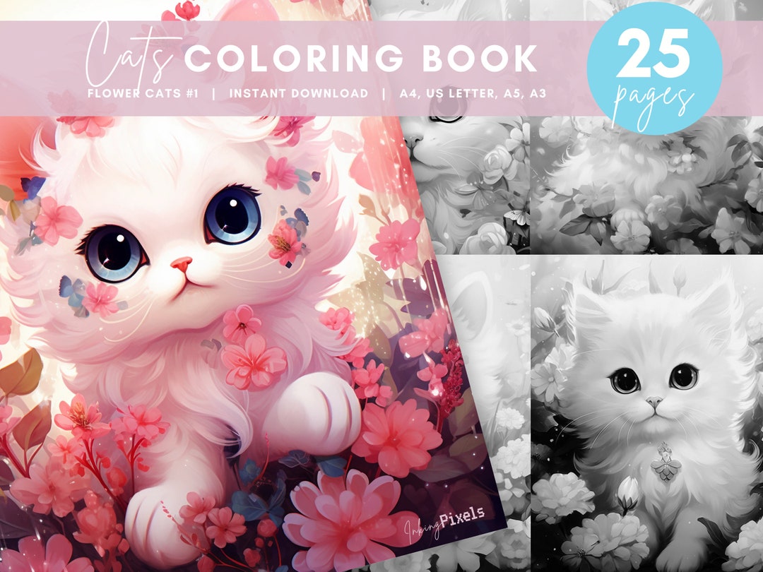 Flower Cats Coloring Book Vol. 1, 25 Grayscale Cats Coloring Pages ...