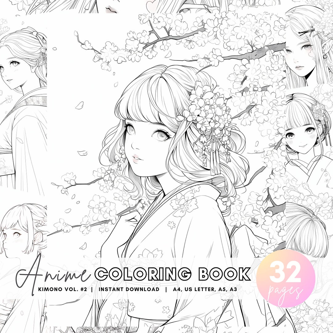 Kimono Girls Anime Coloring Book Vol #2, 32 Anime Coloring Pages Adult ...