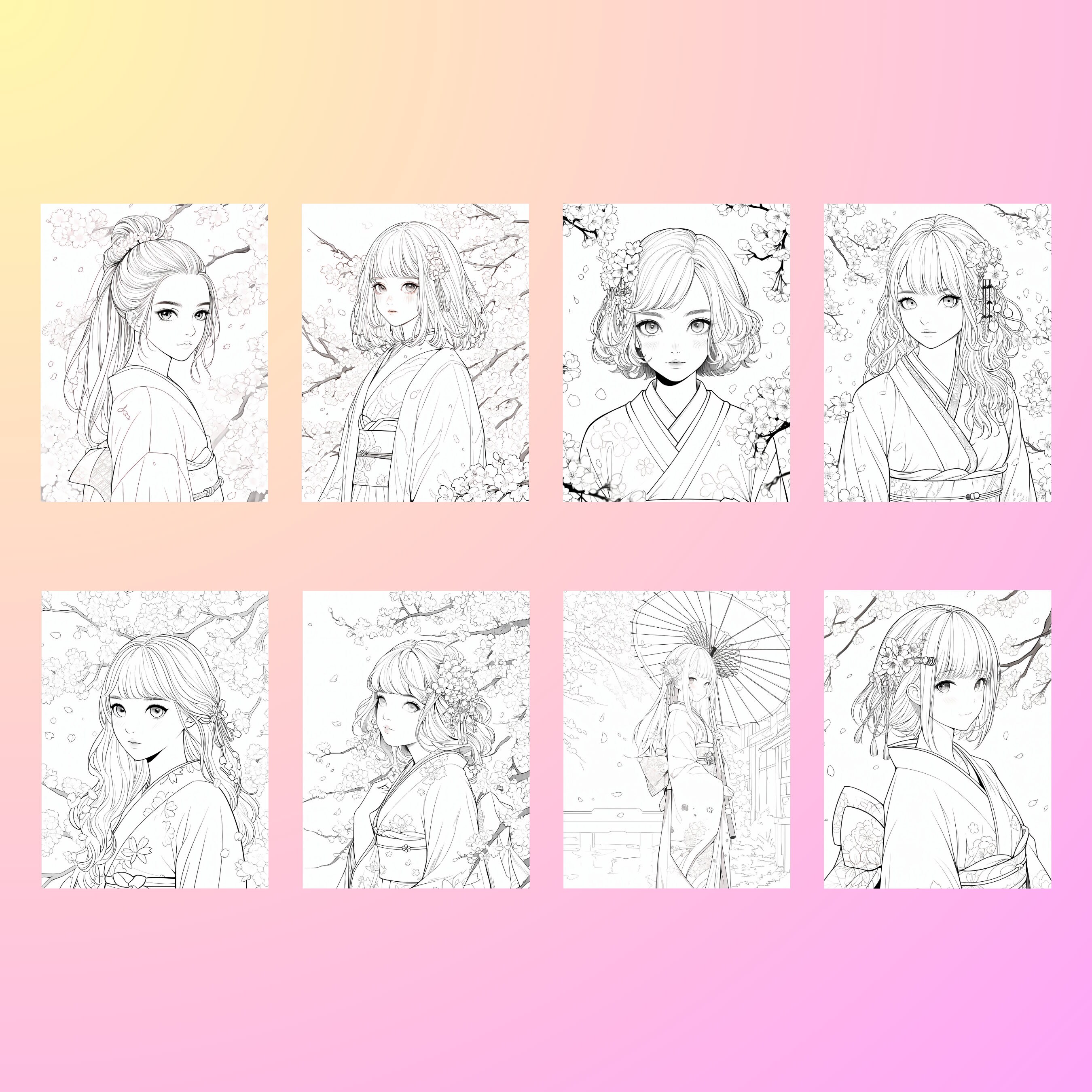 Kimono Girls Anime Coloring Book Vol 2, 32 Anime Coloring Pages Adult ...