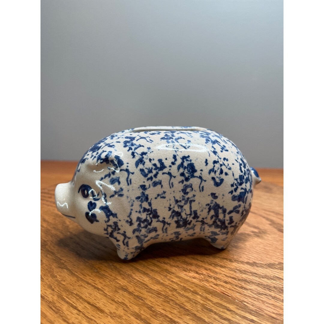 Piggy Coin Bank Clay City Pottery Spongeware Blue/made in Usa/vintage ...