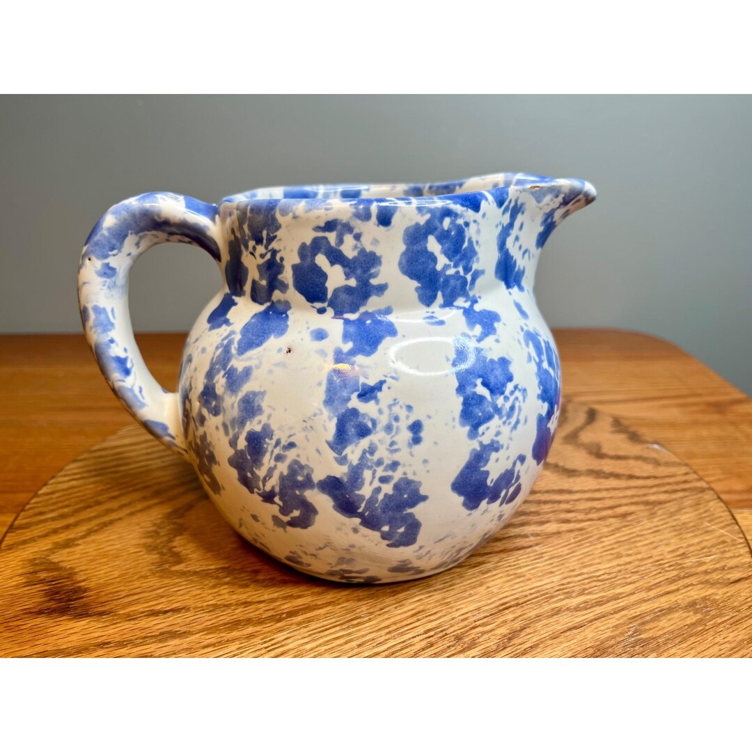 Vintage Bybee Pottery Blue and White Spongeware Pitcher Signed on ...