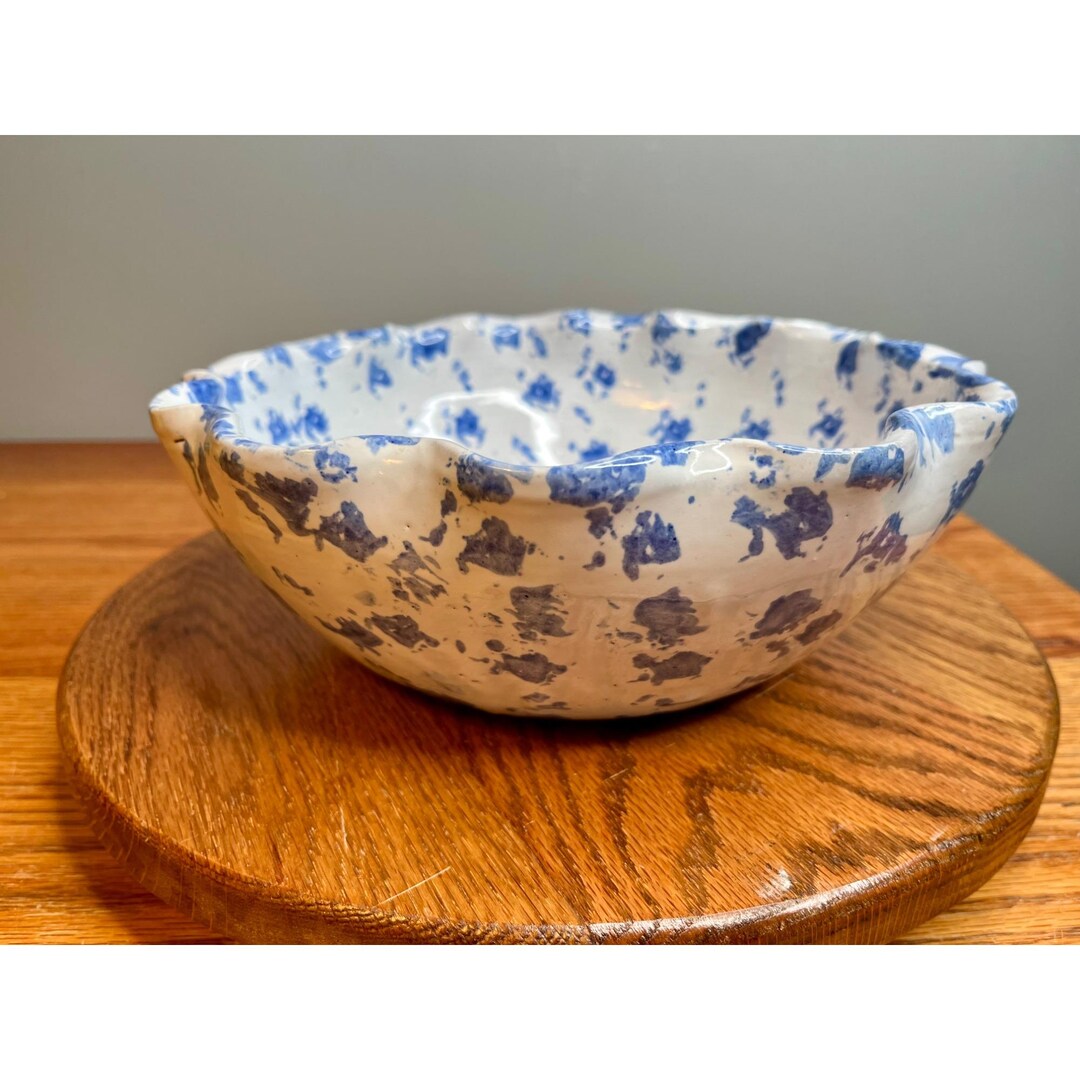 Vintage Bybee Pottery Blue and White Spongeware Large Ruffled Bowl ...