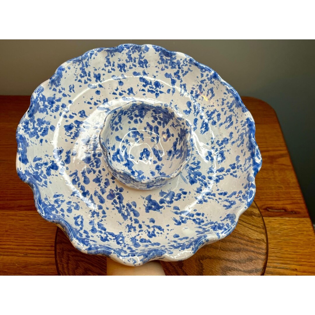 Vintage Bybee Pottery Blue and White Spongeware Ruffled Chip and Dip ...