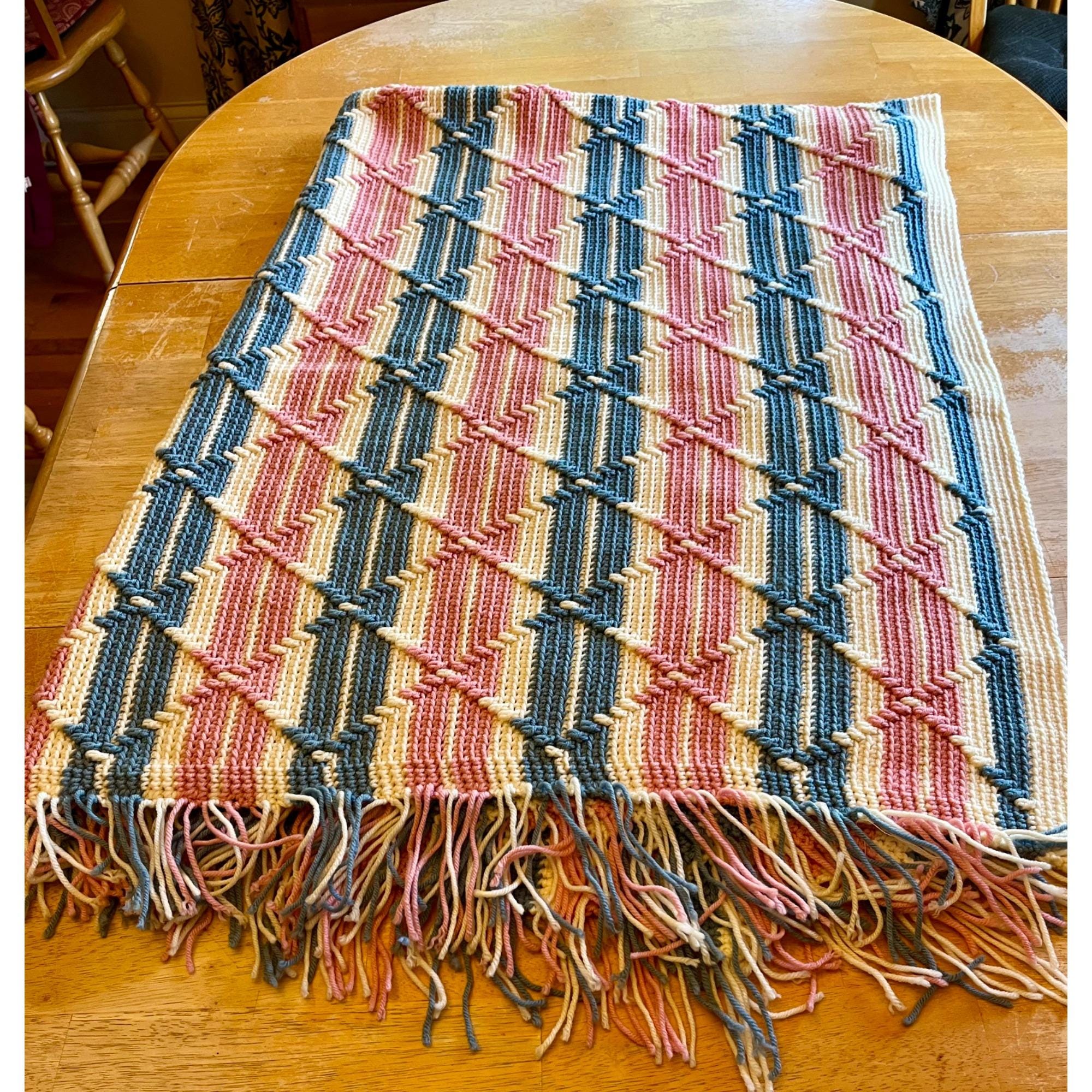 Vintage Handmade Crochet Afghan With Fringe Edges Multicolored Pink ...