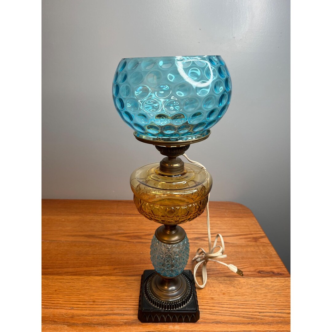 Vintage Blue & Amber Glass Hurricane Lamp With Brass Accents and Black ...