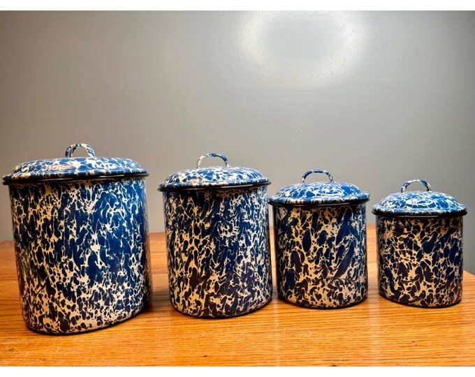 Vintage Enamel Graniteware Blue and White Splatter 4 Piece Canister Set ...