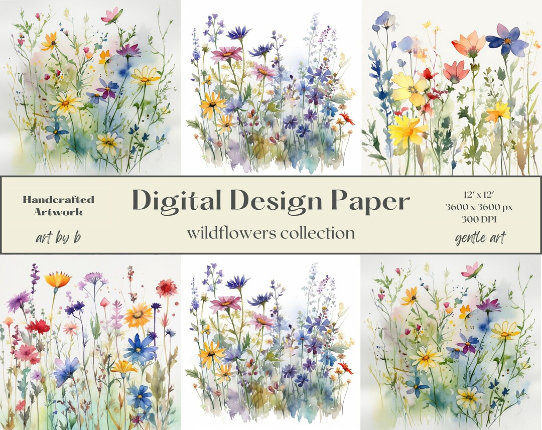 Watercolor Wildflowers Digital Paper Set, Spring Meadow Flowers Journal ...