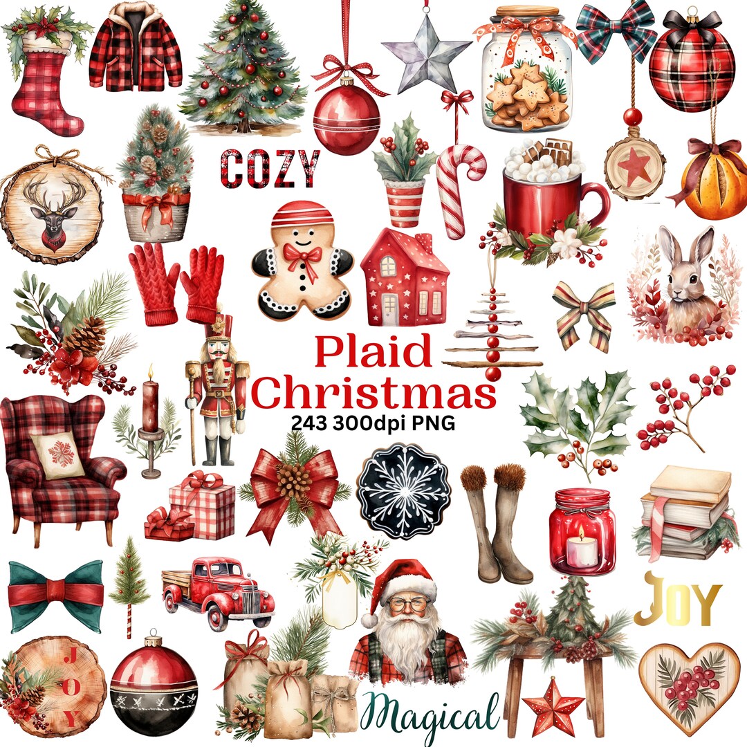 Cozy Plaid Christmas Digital Download Clipart PNG Bundle, Winter ...