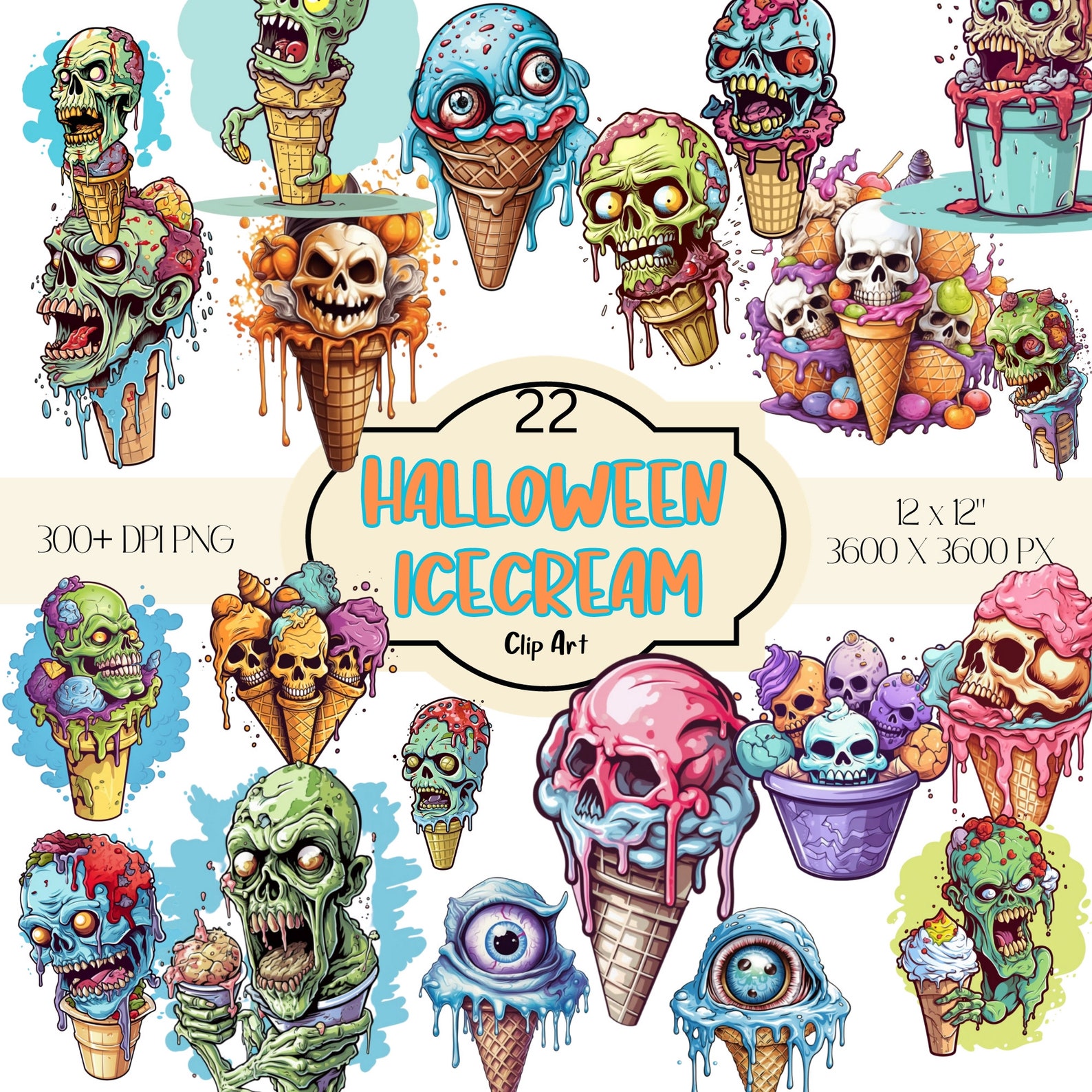 22 Halloween Ice Cream Clipart/journal/scrap Book/skull Digital ...