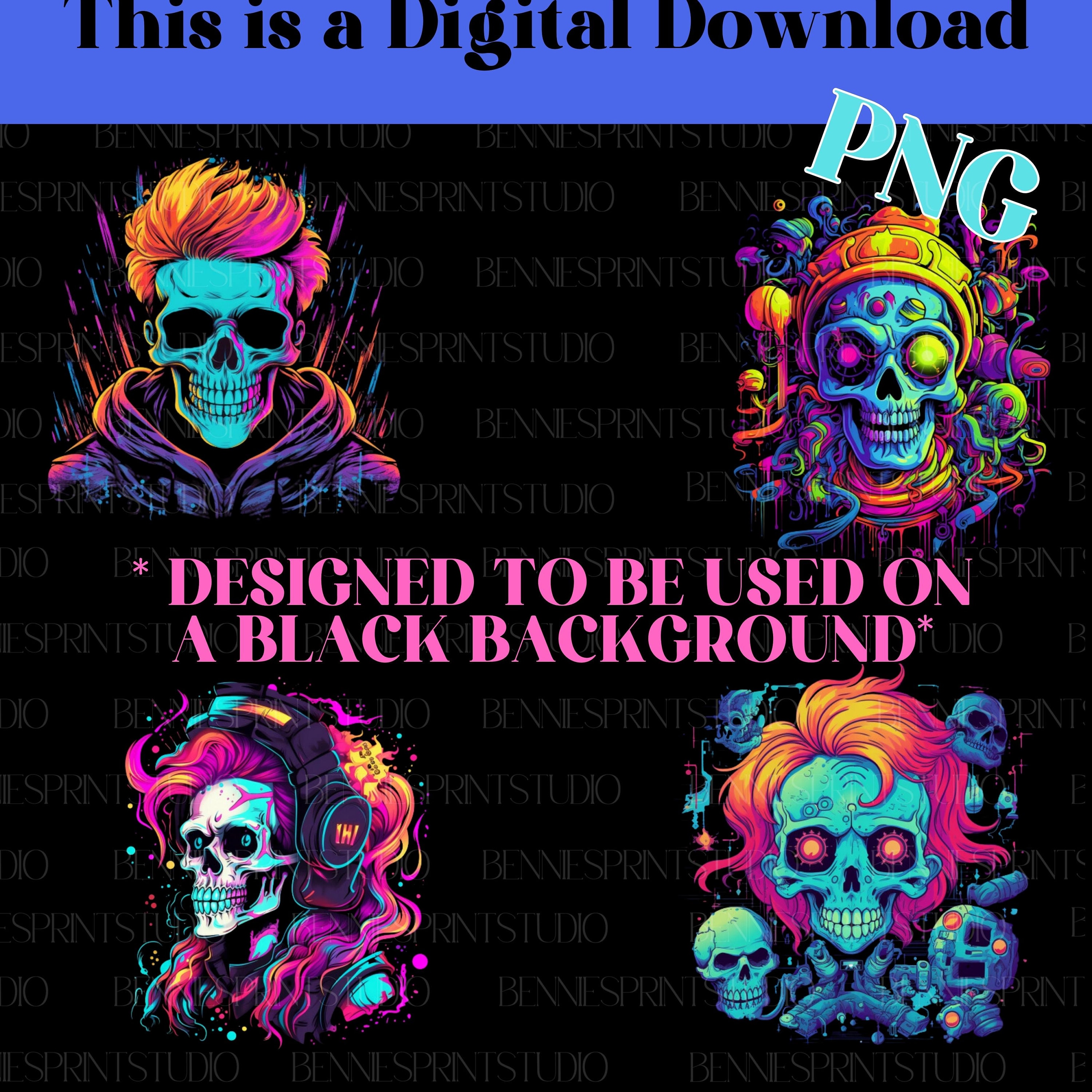 24 Neon Skulls Cyber Goth PNG, Skull Clipart, Halloween Digital ...