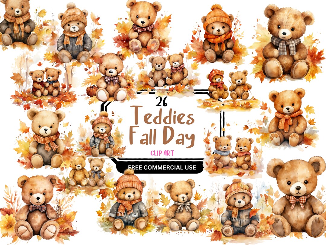 26 Watercolor Fall Autumn Teddy Bears Clip Art Pack/digital Instant ...