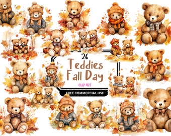 Watercolor Autumn Teddy Bear PNG Clipart Bundle Teddy Bear - Etsy