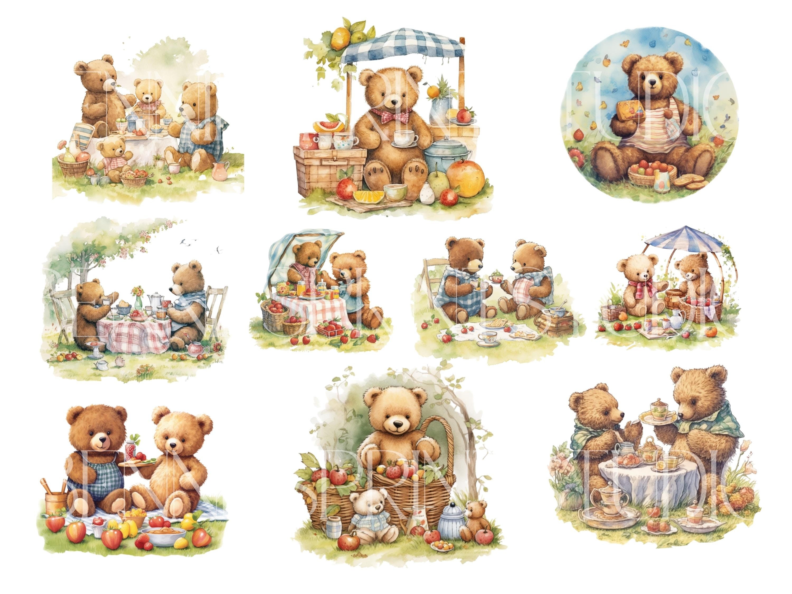 30 Watercolor Teddy Bears Picnic Clip Art/seamless Pattern Pack/digital ...