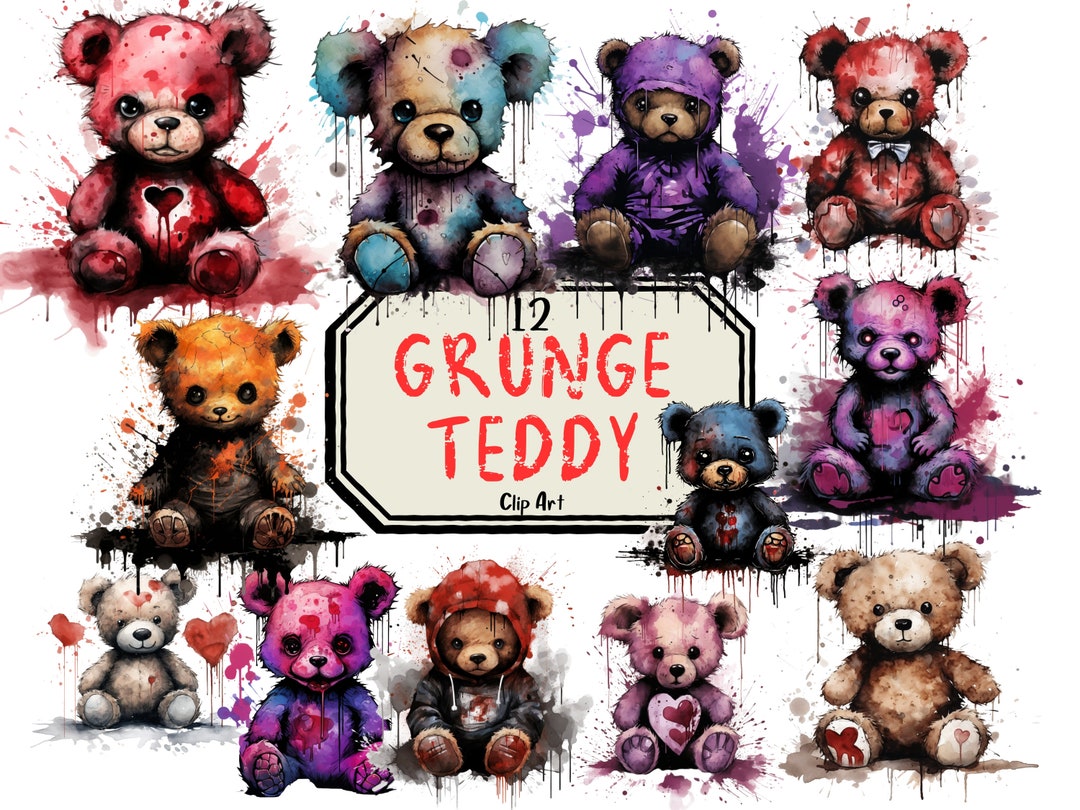 12 Watercolor Grunge Emo Teddy Bear Clip Art Pack/digital Instant ...