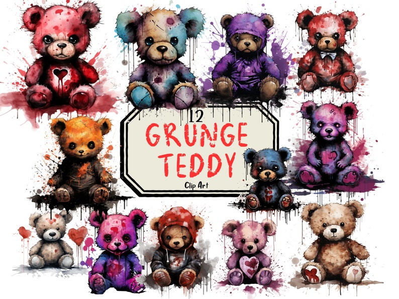 12 Watercolor Grunge Emo Teddy Bear Clip Art Pack/digital Instant ...