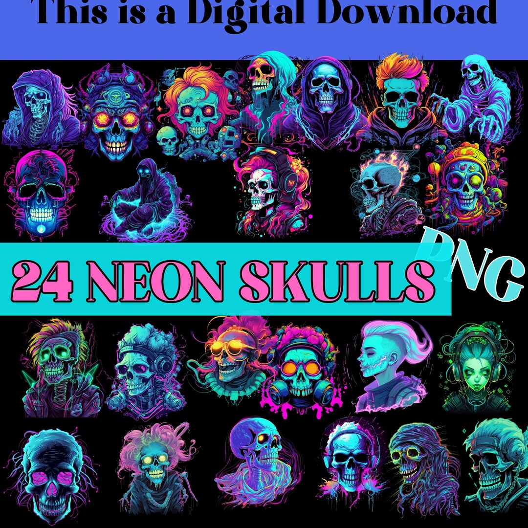 24 Neon Skulls Cyber Goth PNG, Skull Clipart, Halloween Digital ...