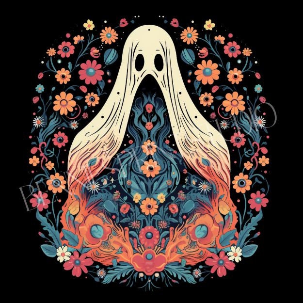 Bohemian Wildflowers Ghost Halloween PNG Clip Art/boho Ghost Sublimation/hippy Halloween Clipart ...
