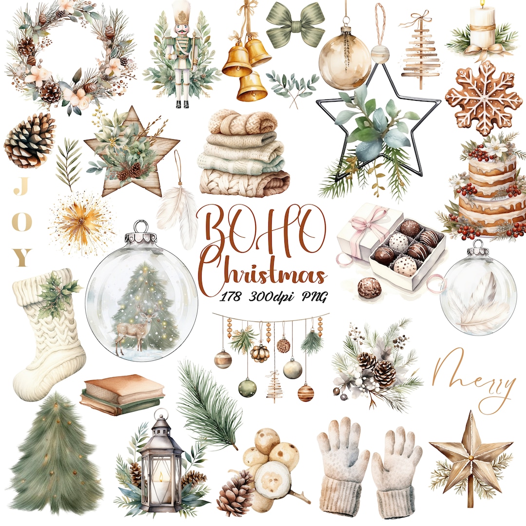 Boho Festive Digital Download Clipart PNG Bundle, Bohemian Christmas ...