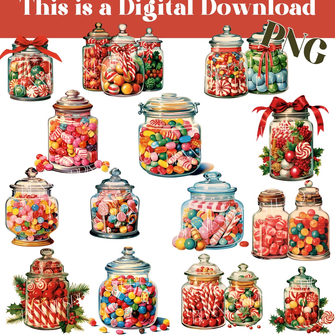 14 Vintage Christmas Candy Jars Png, Candy Canes, Festive Sweet Shop ...