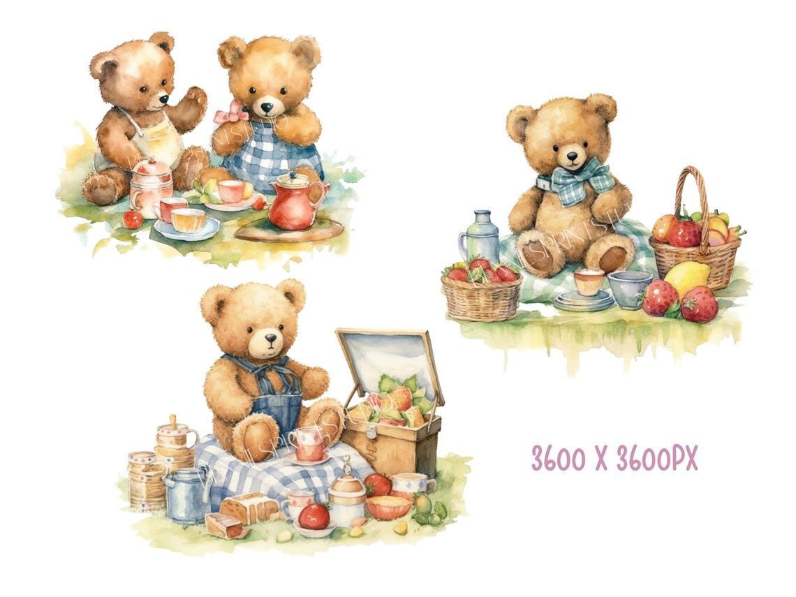 15 Watercolor Teddy Bears Picnic Clip Art Pack/digital Instant ...