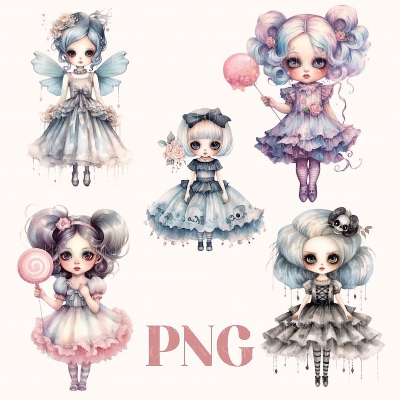 13 Watercolor Pastel Goth Chibi Kids PNG Clipart Set - Etsy