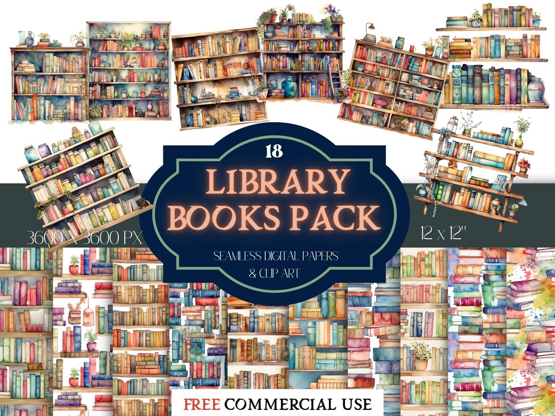18 Watercolor Library Books Clip Art PNG & Seamless Digital Papers ...