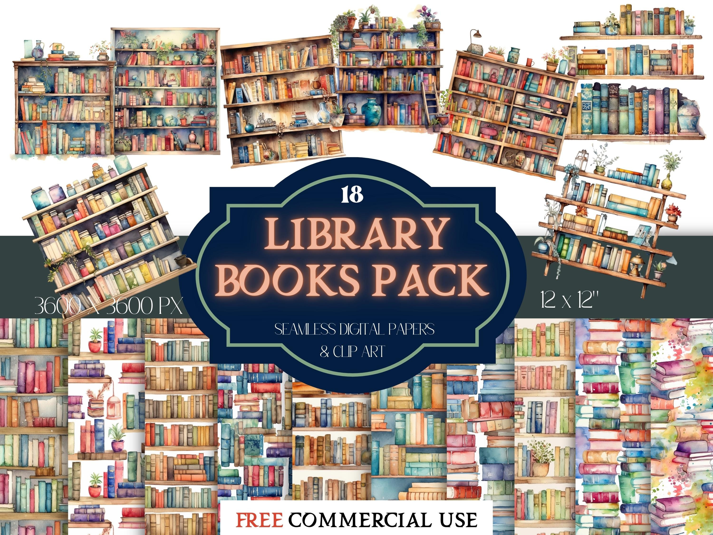 18 Watercolor Library Books Clip Art PNG & Seamless Digital Papers ...