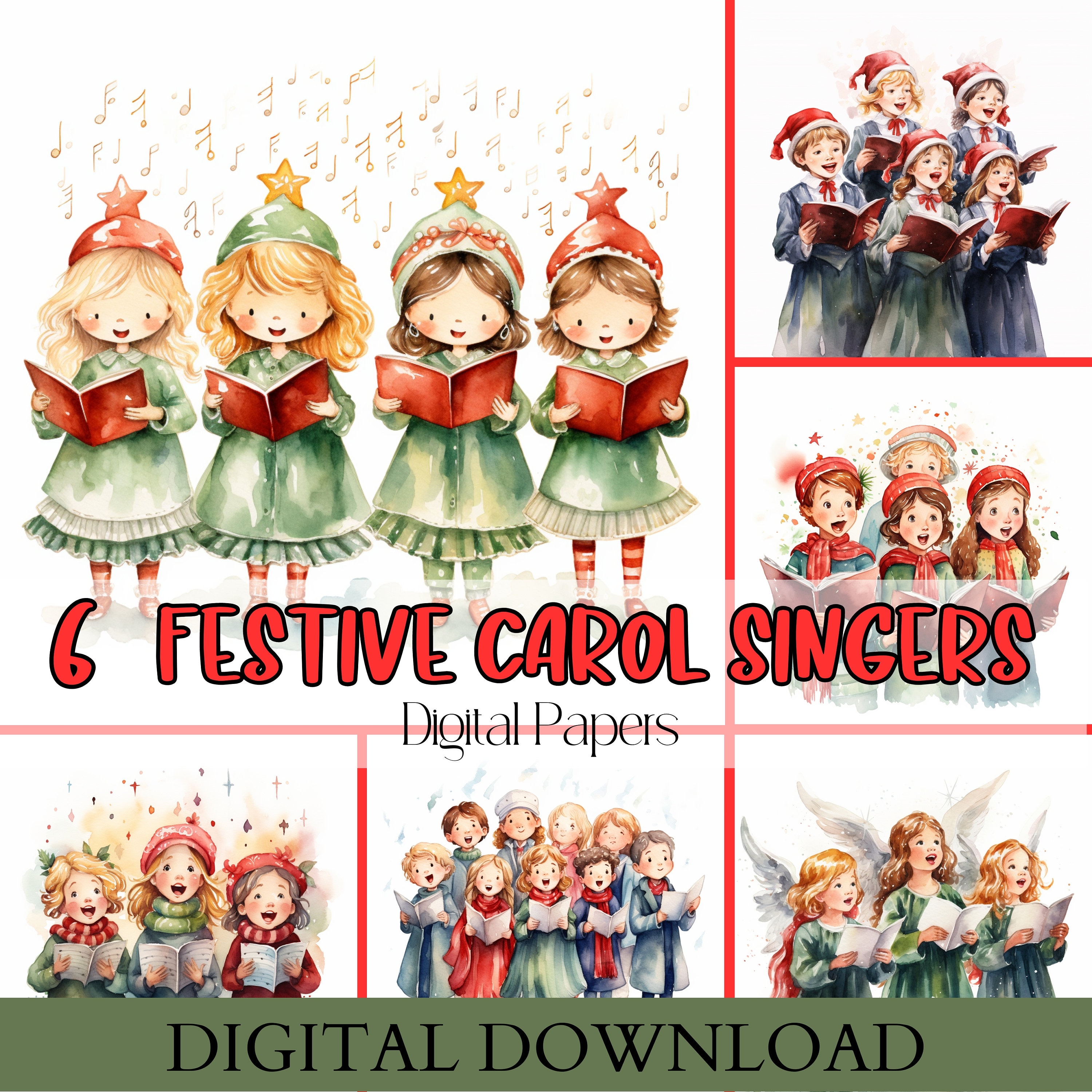 6 Watercolor Festive Carol Choir Singers Digital Papers - Etsy