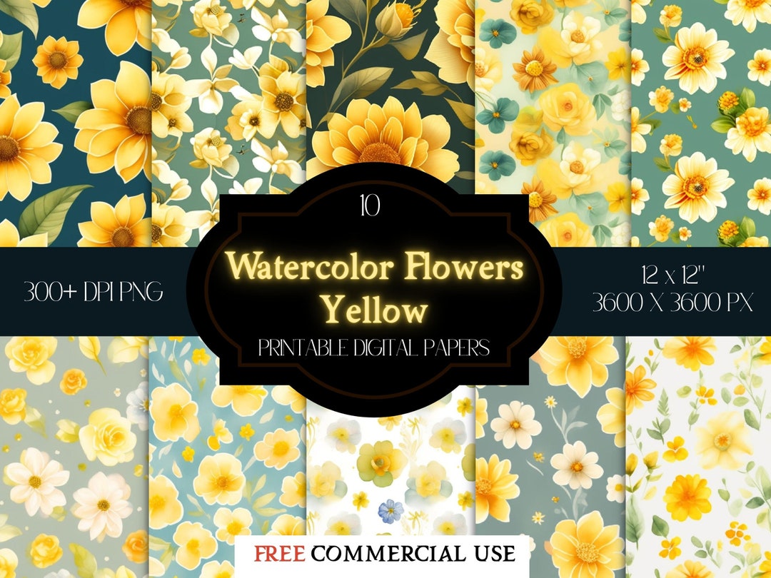 Yellow Flowers Watercolor Digital Paper, Seamless Floral Patterns ...