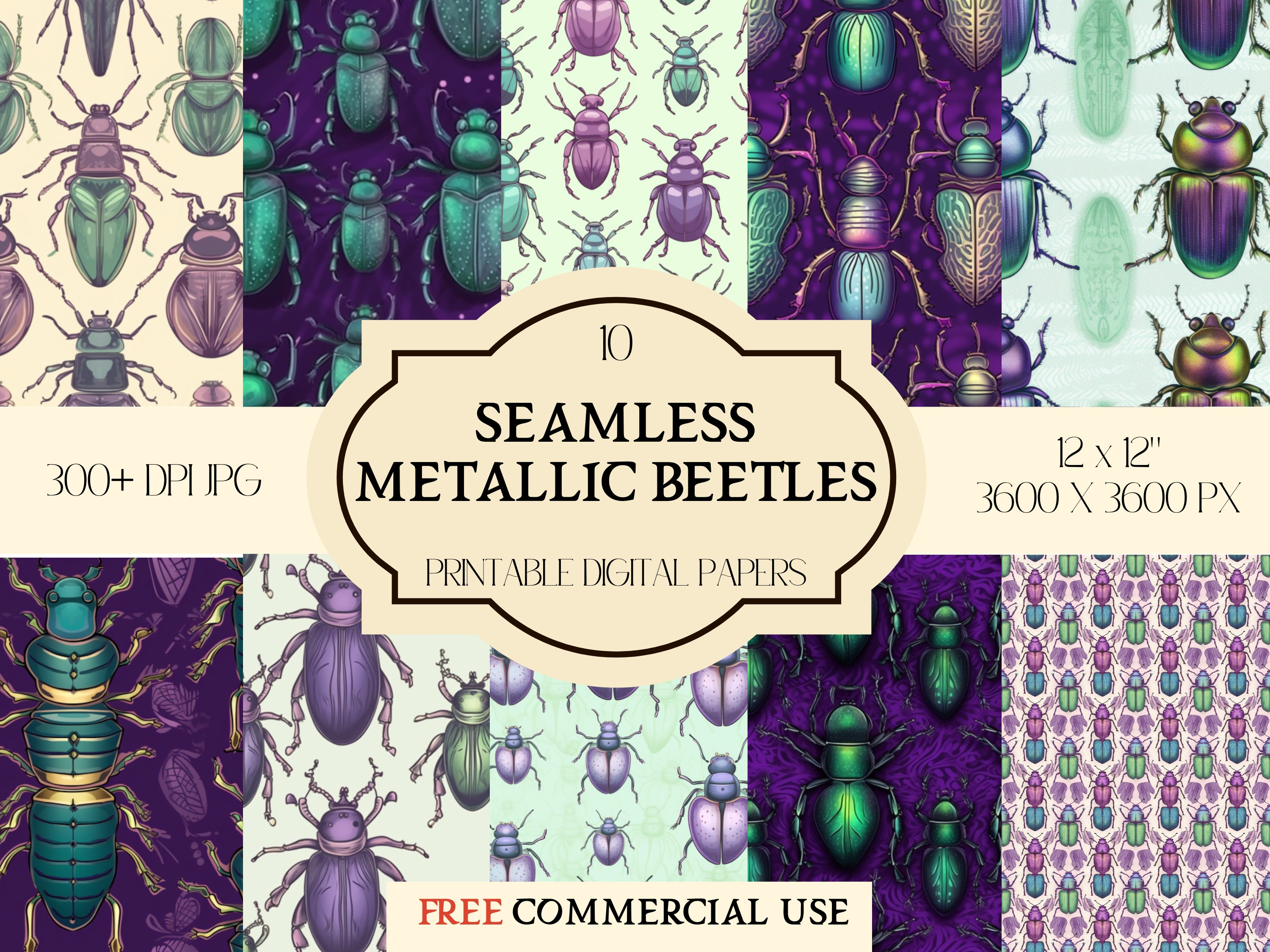 10 Green & Purple Metallic Beetle Seamless Digital Papers/printable ...