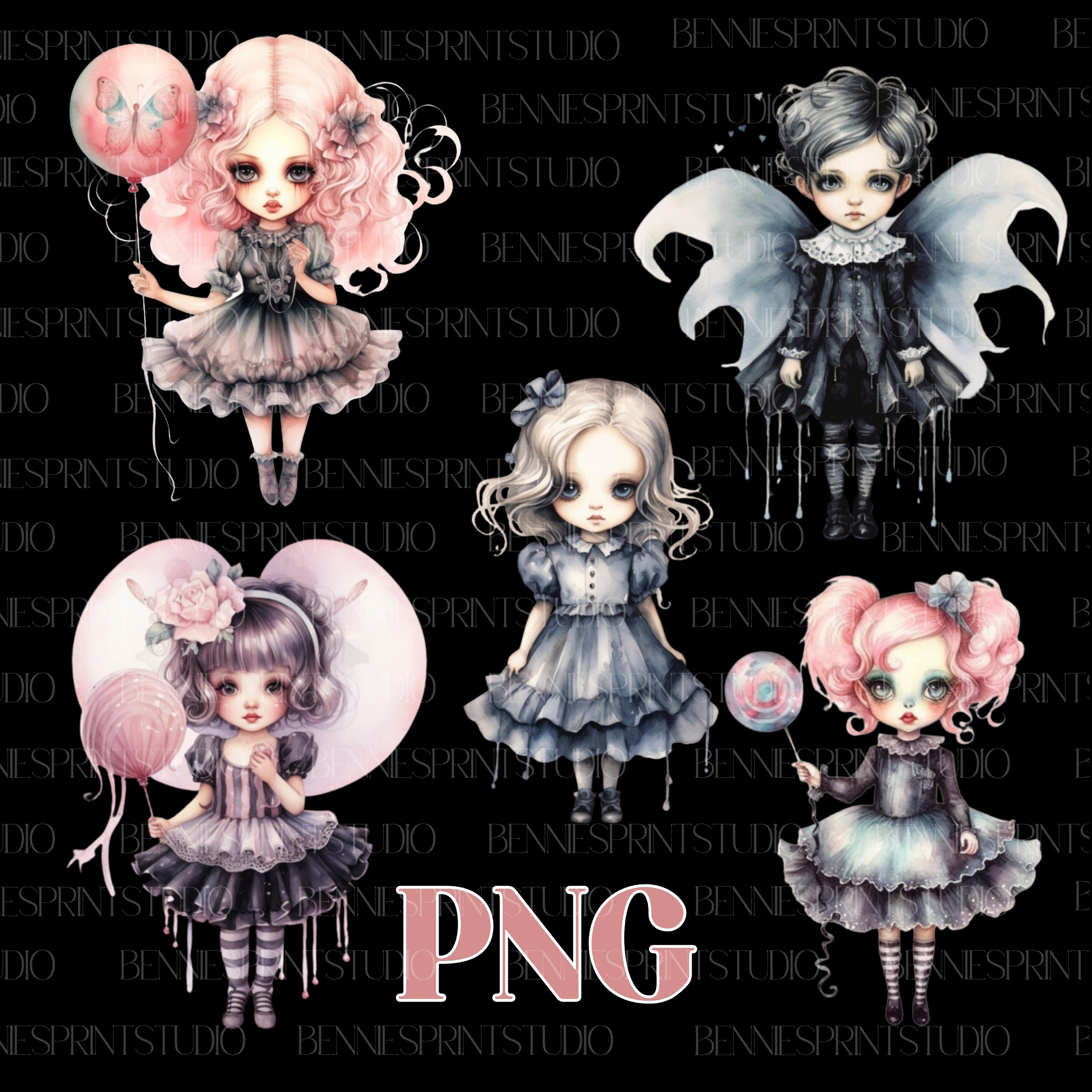13 Watercolor Pastel Goth Chibi Kids PNG Clipart Set - Etsy