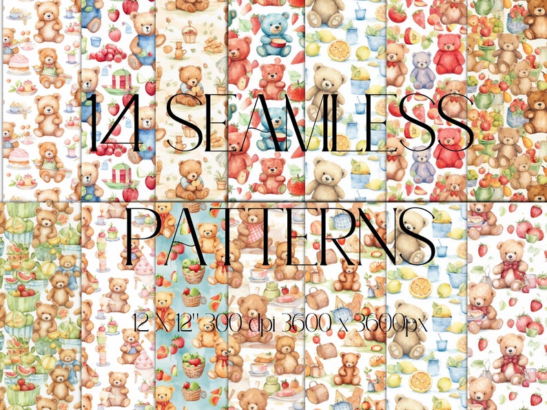 30 Watercolor Teddy Bears Picnic Clip Art/seamless Pattern Pack/digital ...