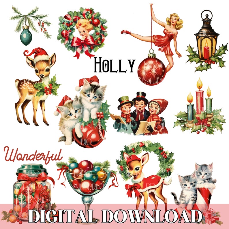 94 1950s Vintage Christmas PNG Printable Set, Retro Festive ...