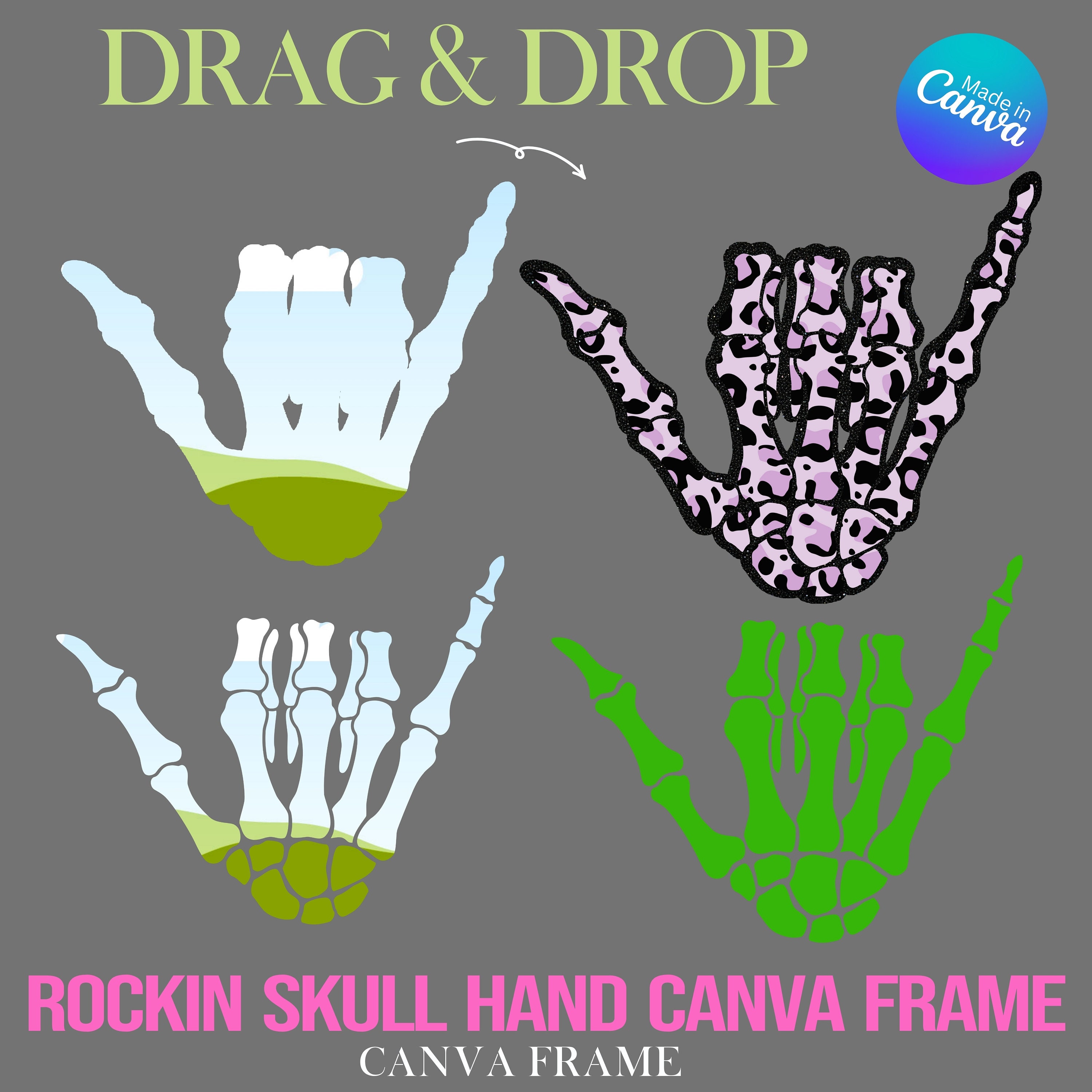 Rock Skull Hand Canva Template, Skeleton Sublimation, Drag and Drop ...