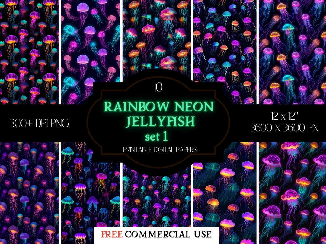10 Seamless Neon Rainbow Jellyfish Digital Papers Patterns/digital ...