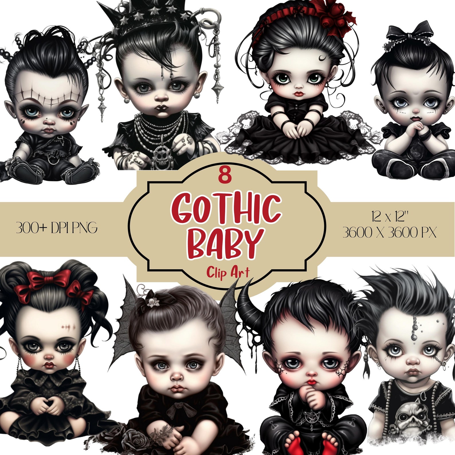 8 Gothic Babies PNG Clip Art/halloween Png/bat Sublimation/imp Clipart ...