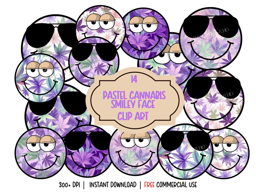 14 Smiley Face Pastel Cannabis Clip Art/weed Clipart/toker Sublimation ...