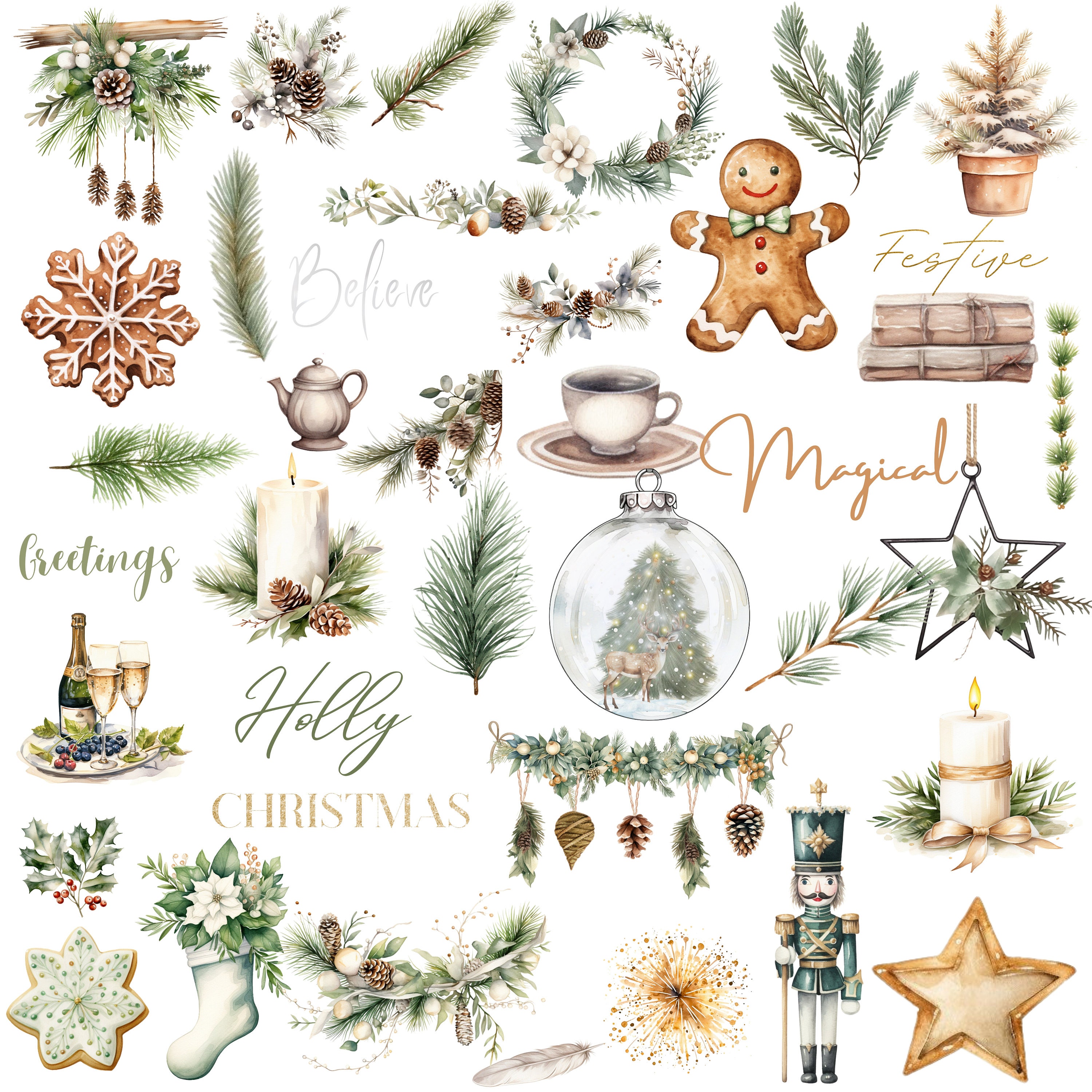 Boho Festive Digital Download Clipart PNG Bundle, Bohemian Christmas ...