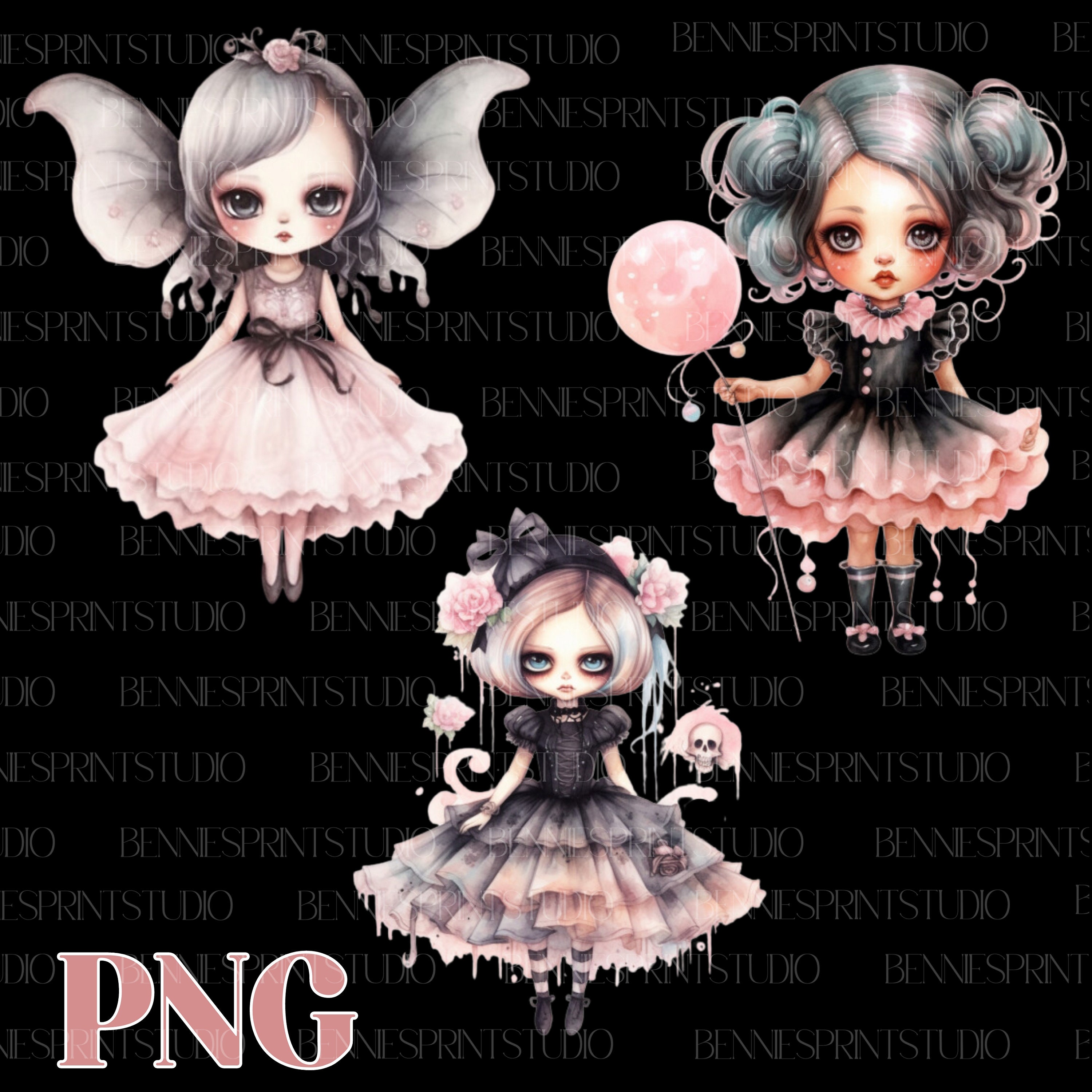 13 Watercolor Pastel Goth Chibi Kids PNG Clipart Set - Etsy