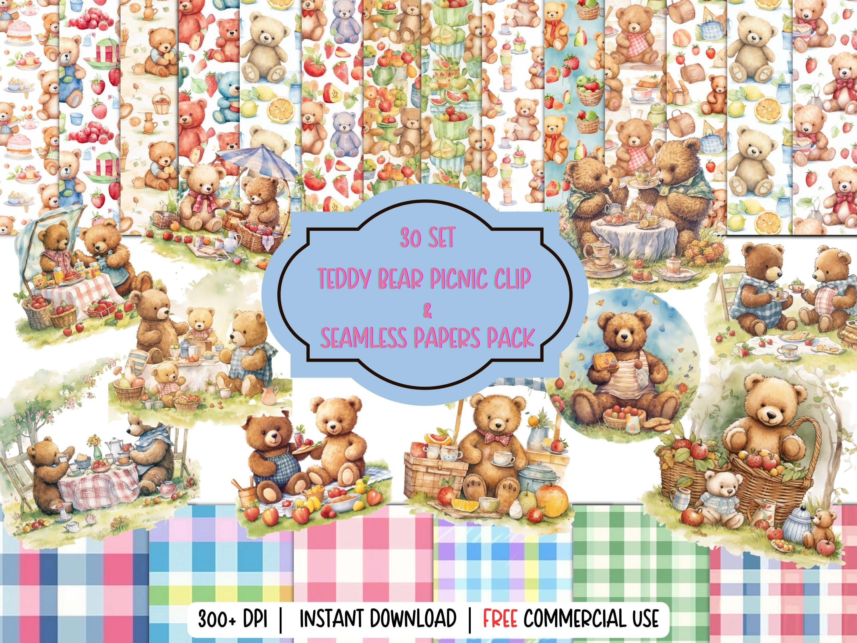 30 Watercolor Teddy Bears Picnic Clip Art/seamless Pattern Pack/digital ...
