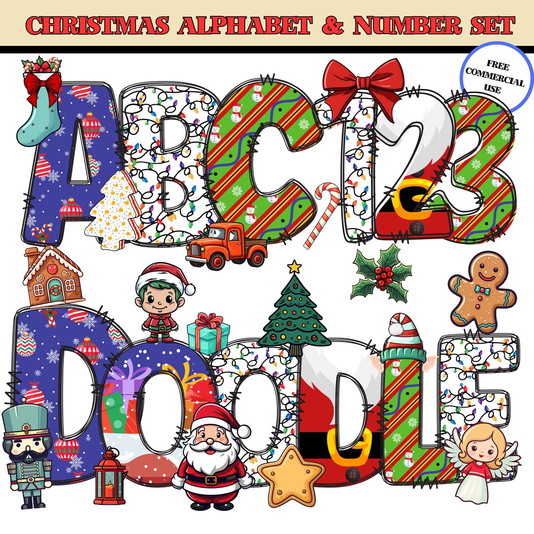 Christmas Alphabet Doodle PNG, Alphabet Bundle Christmas Numbers ...