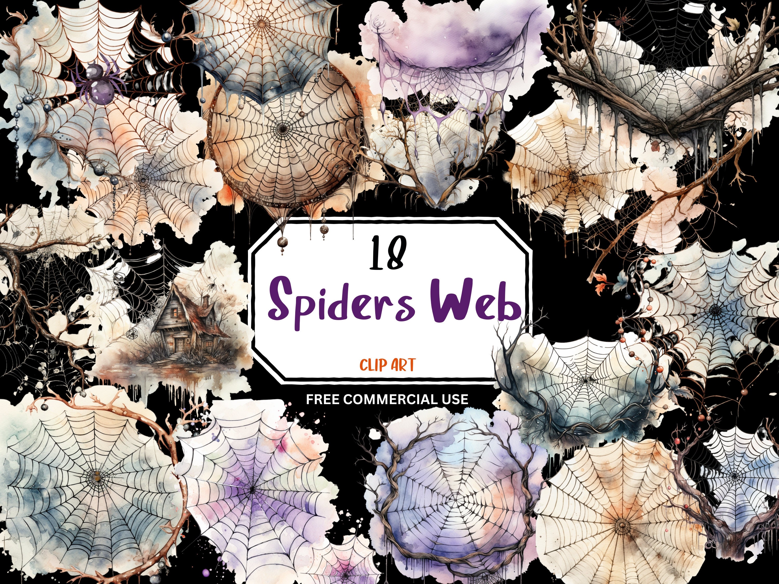 Watercolor Spider Cobweb Clip Art, Eerie Halloween Images (digital ...